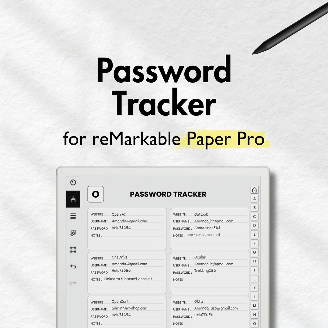 Password Tracker for Remarkable Paper Pro, Templates for Remarkable ...