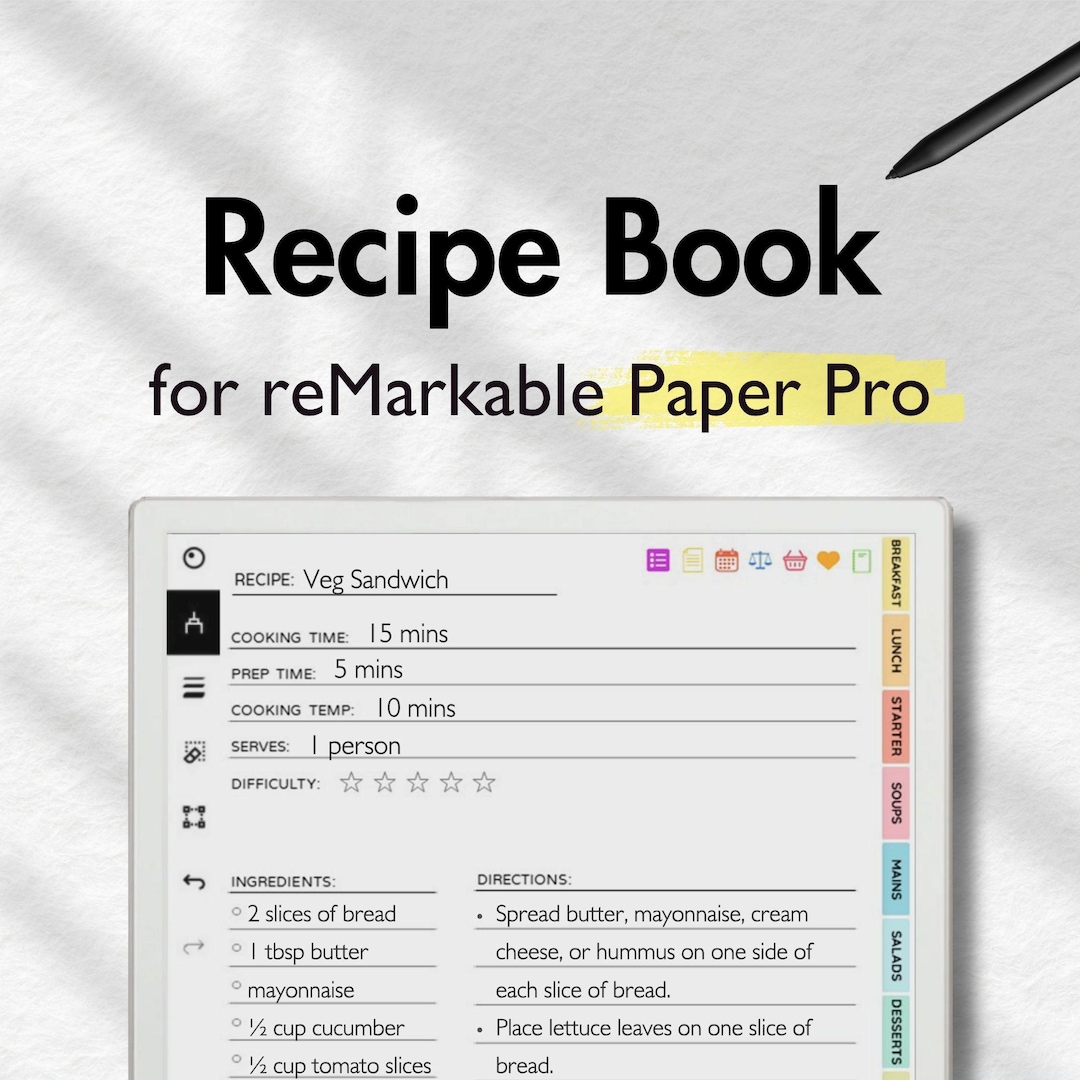 Recipe Book for Remarkable Paper Pro, Recipe Journal, Recipe Template ...