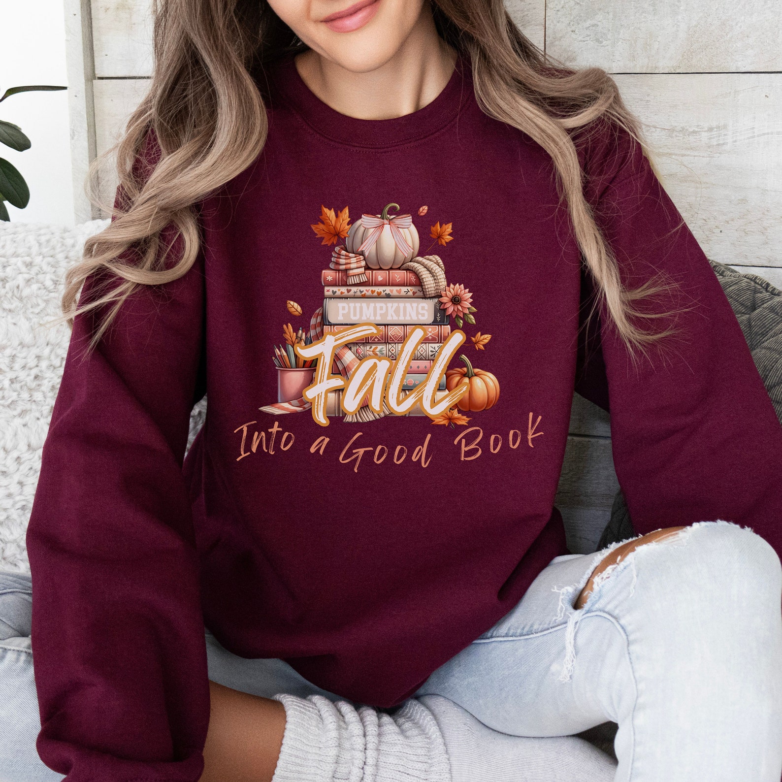 Fall Book Sweatshirt, Book Stacks, Fall Pumpkins and Leaves, Autumn ...