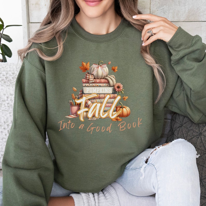 Fall Book Sweatshirt, Book Stacks, Fall Pumpkins and Leaves, Autumn ...