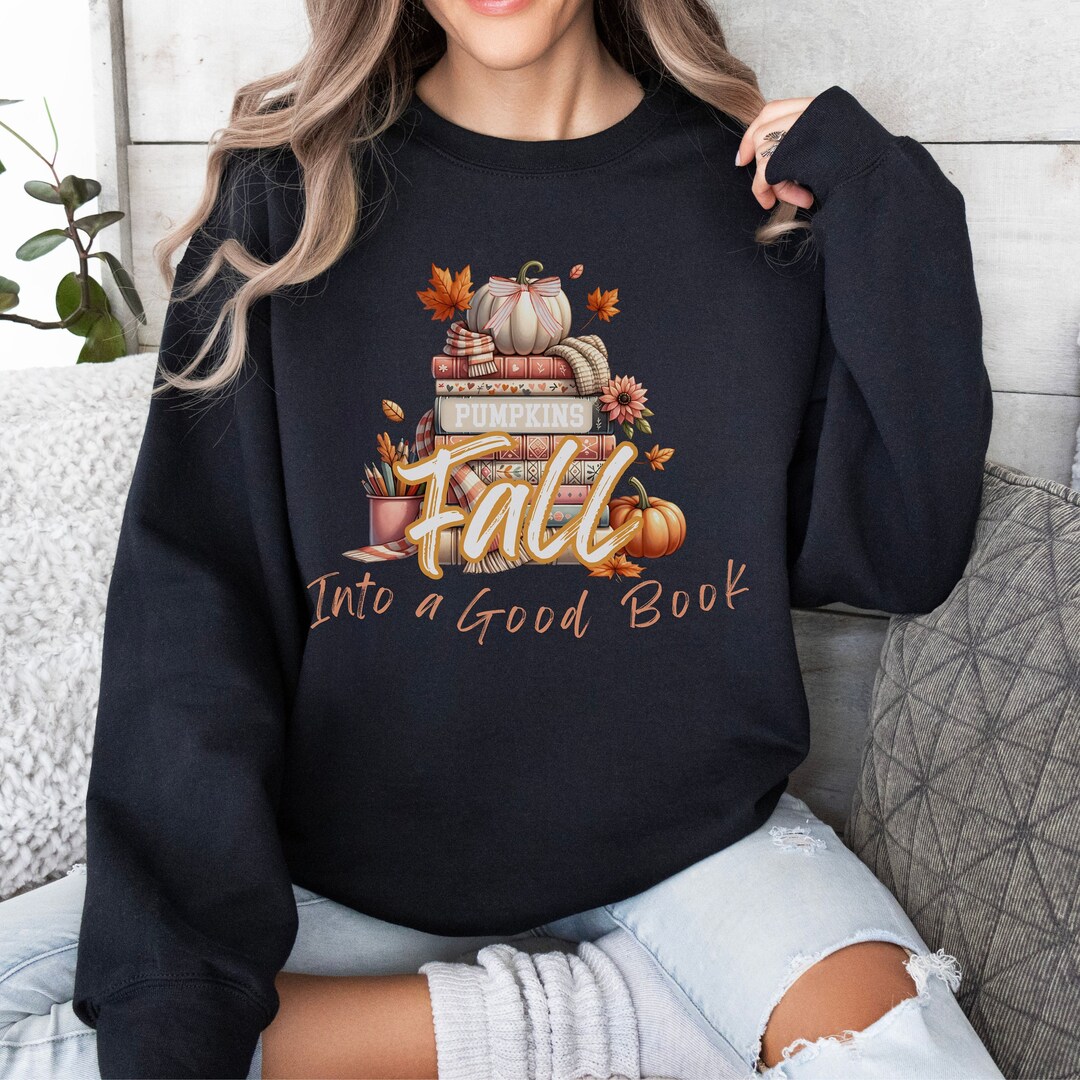 Fall Book Sweatshirt, Book Stacks, Fall Pumpkins and Leaves, Autumn ...
