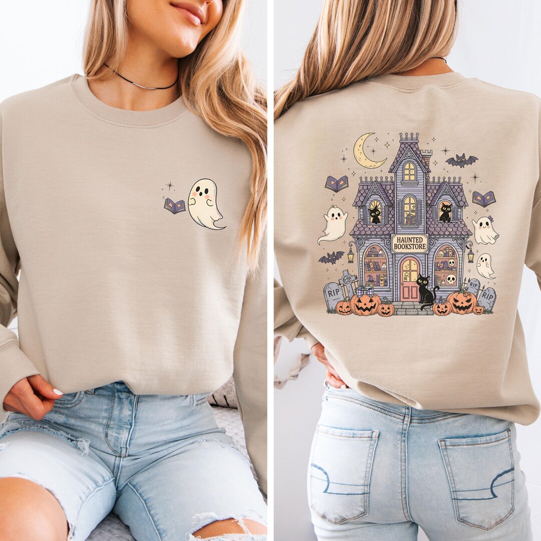 Ghostly Haunted House Crewneck Sweatshirt, Ghost Reading Book Shirt ...