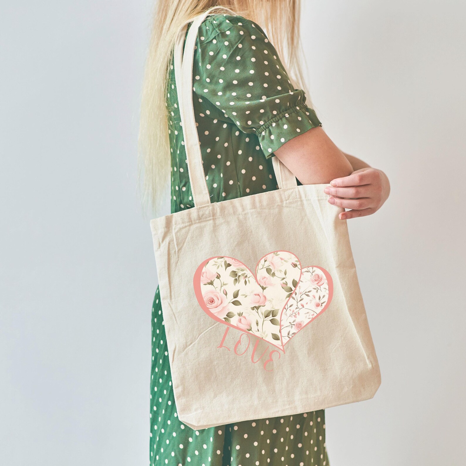 Heart Rose Canvas Tote Bag - Love Patterned Shopping Bag, Eco-friendly ...