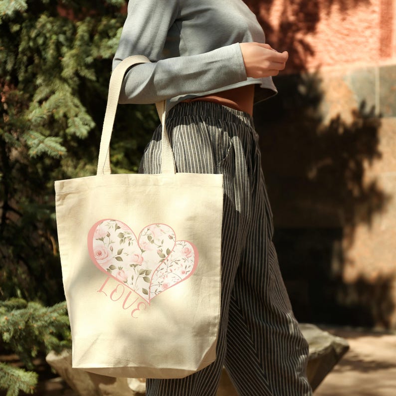Heart Rose Canvas Tote Bag - Love Patterned Shopping Bag, Eco-friendly ...