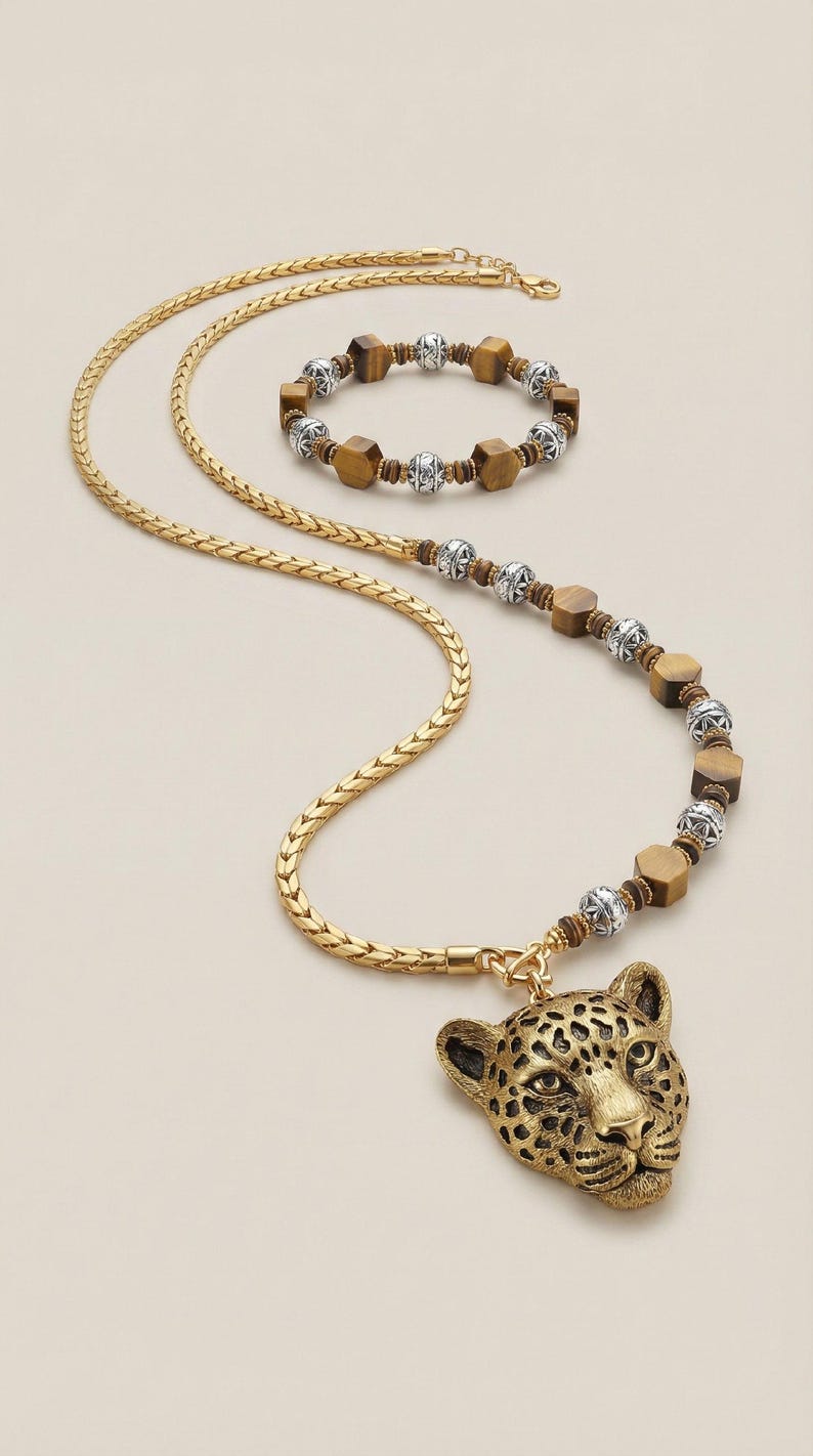 Leopard Men’s Necklace & Bracelet Set – Natural Tiger’s Eye Jewelry ...