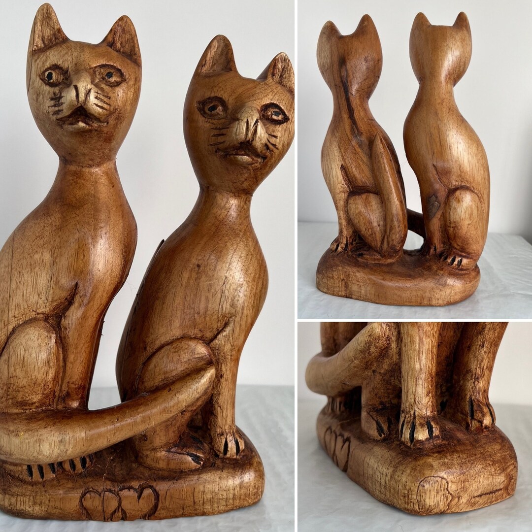 One of a Kind Vintage Hand Carved Wooden Cat Sculpture // 11" - Etsy