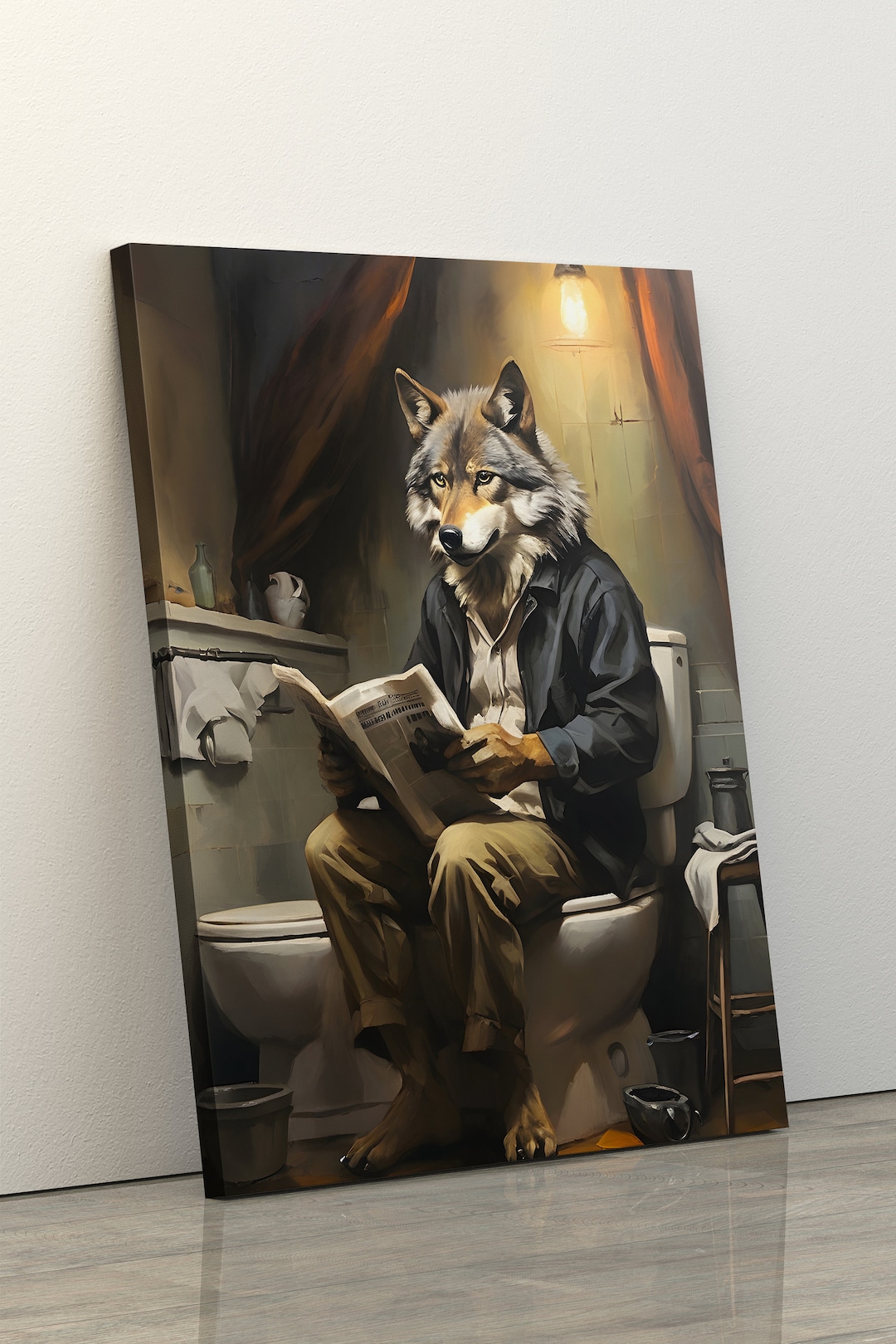 Wolf Reading Newspaper on the Toilet Wall Art, Ideal Gift for With ...