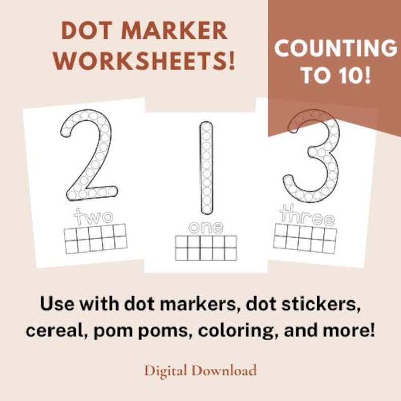 Numbers Dot Marker Worksheets 1-10, Dot Sticker Worksheets, Toddler ...