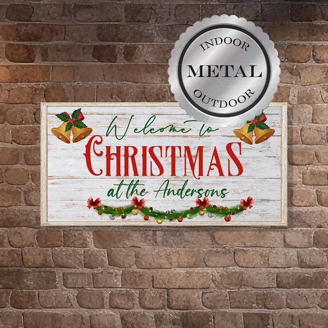 Custom Christmas Garland and Jingle Bells Metal Sign, Personalized ...