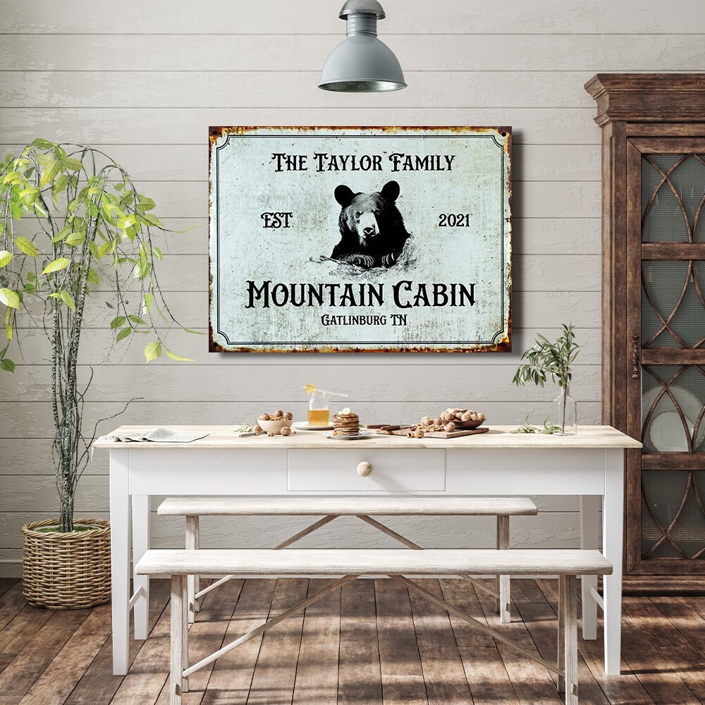 Custom Cabin Sign With Black Bear, Personalized Cabin Wall Decor Canvas ...