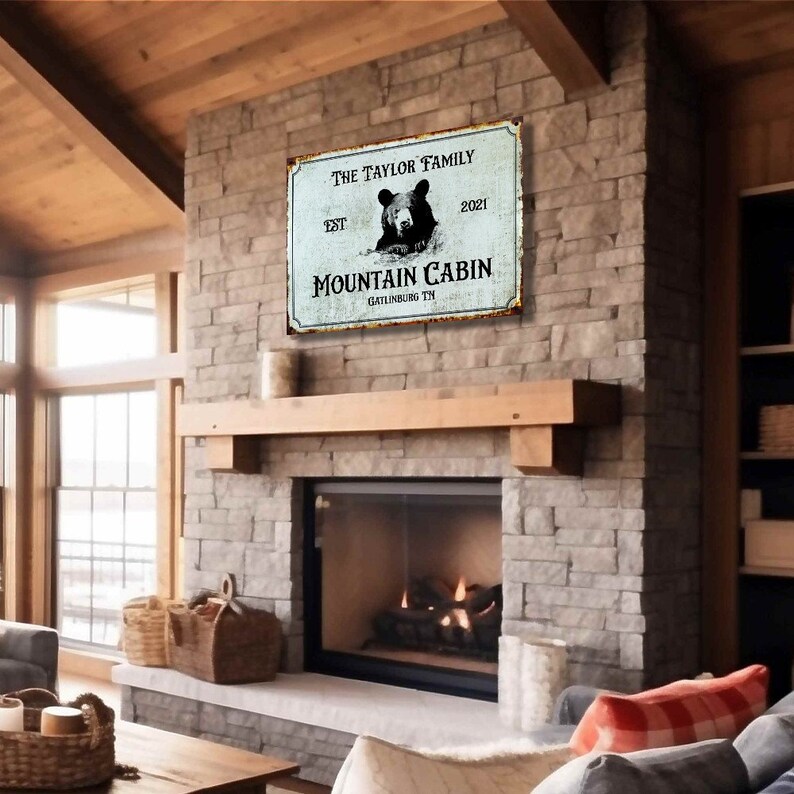 Custom Cabin Sign With Black Bear, Personalized Cabin Wall Decor Canvas ...