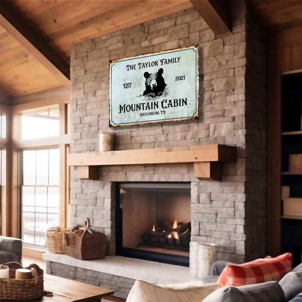 Custom Cabin Sign With Black Bear, Personalized Cabin Wall Decor Canvas ...