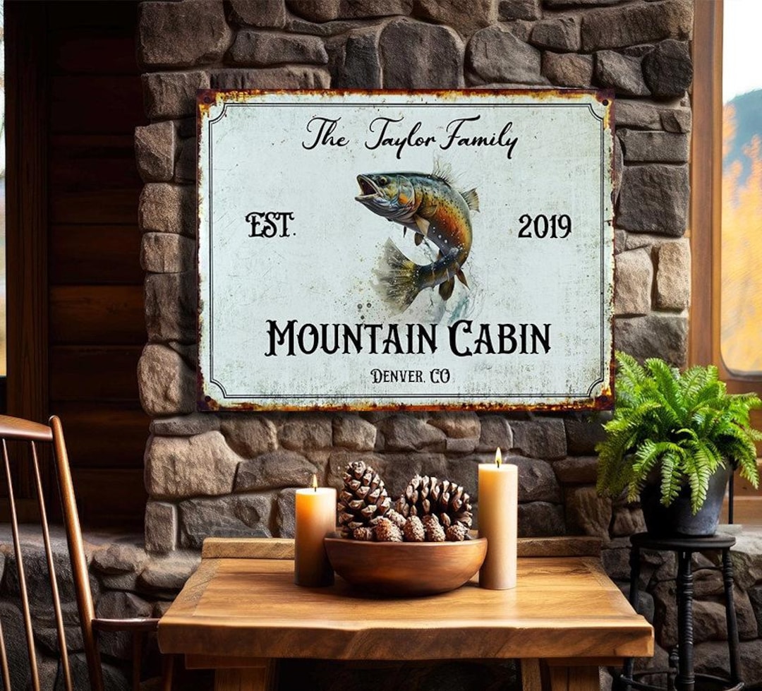 Custom Cabin Sign With a Brook Trout , Personalized Cabin Wall Decor ...