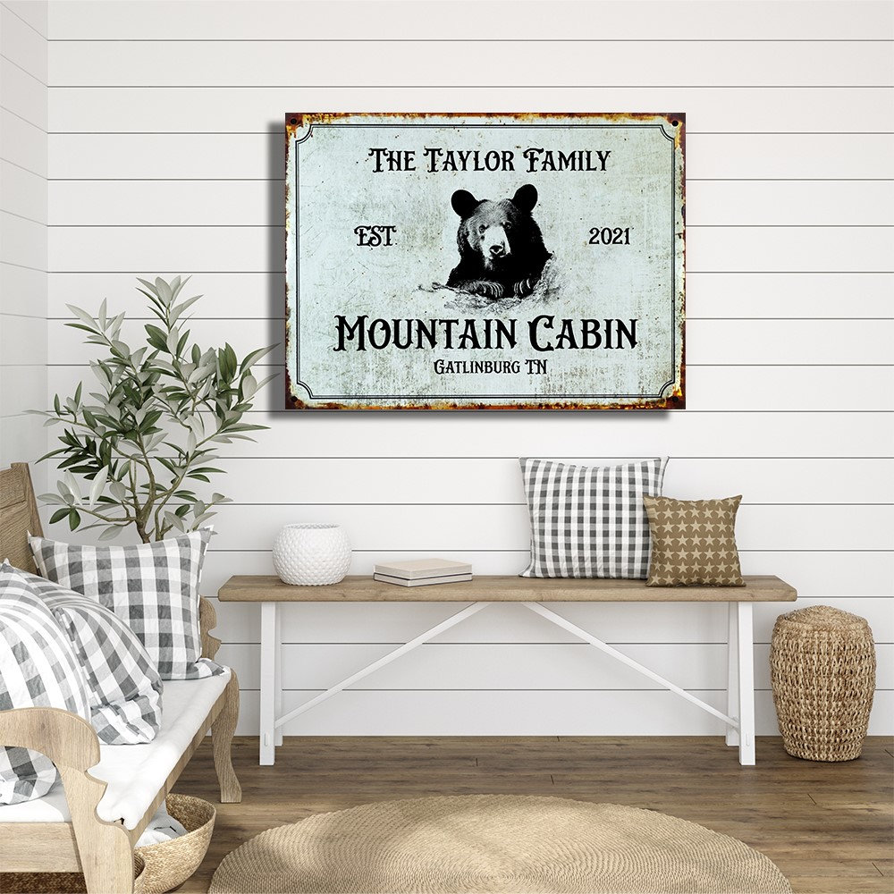 Custom Cabin Sign With Black Bear, Personalized Cabin Wall Decor Canvas ...