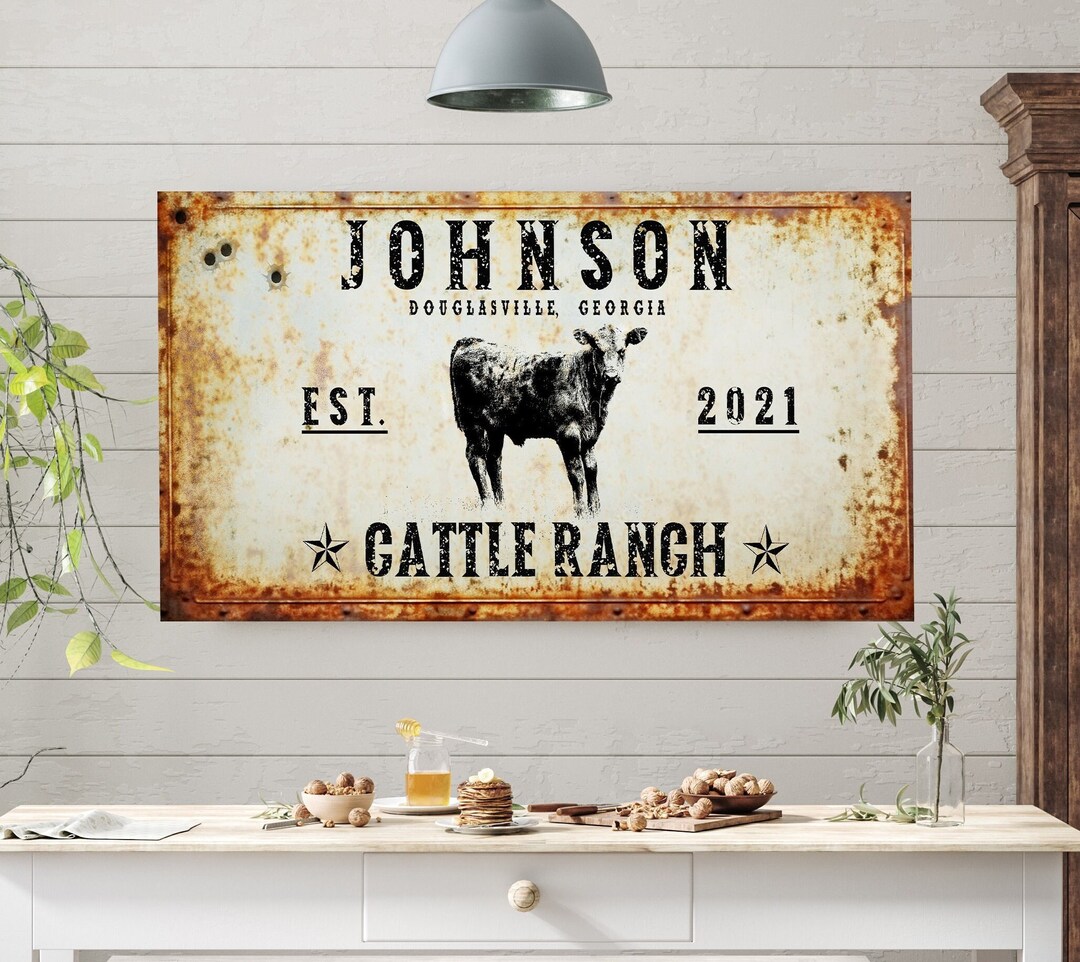 Rustic Cattle Ranch Sign, Personalized Ranch Wall Art Decor Canvas ...