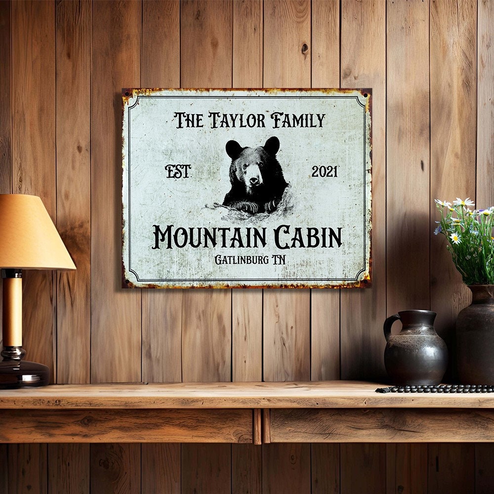 Custom Cabin Sign With Black Bear, Personalized Cabin Wall Decor Canvas ...