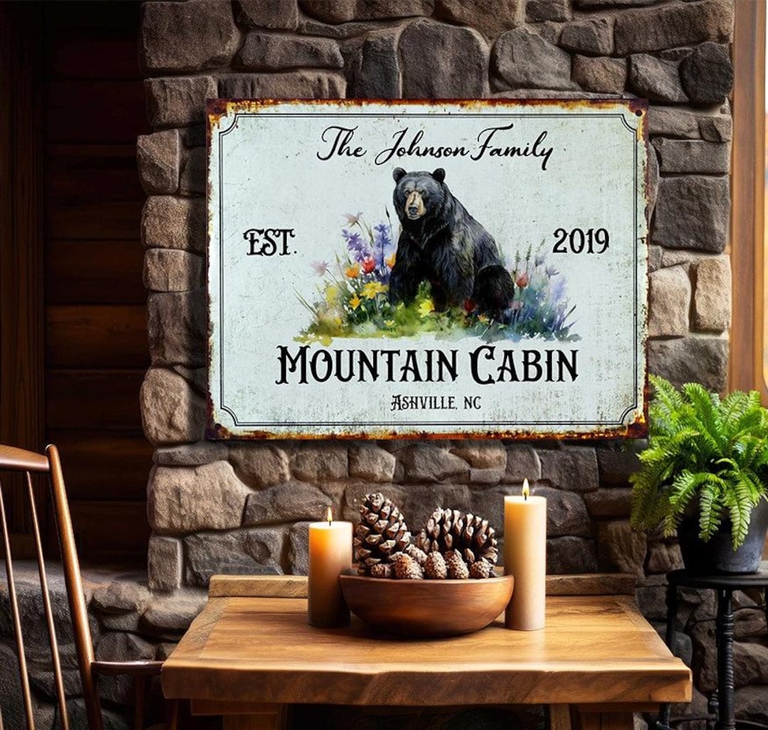 Custom Cabin Sign Flowers and Black Bear, Personalized Cabin Wall Decor ...