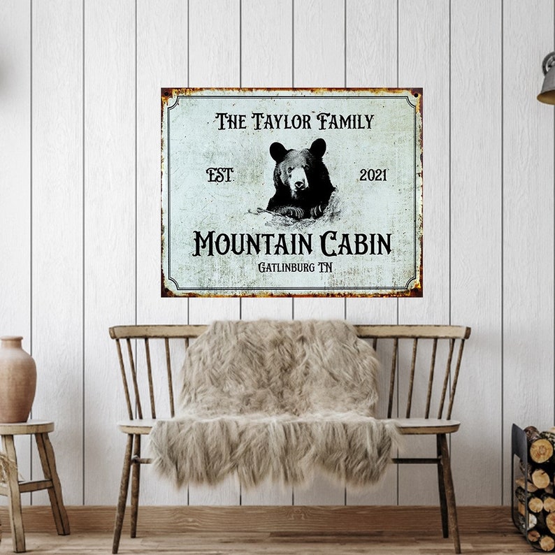 Custom Cabin Sign With Black Bear, Personalized Cabin Wall Decor Canvas ...