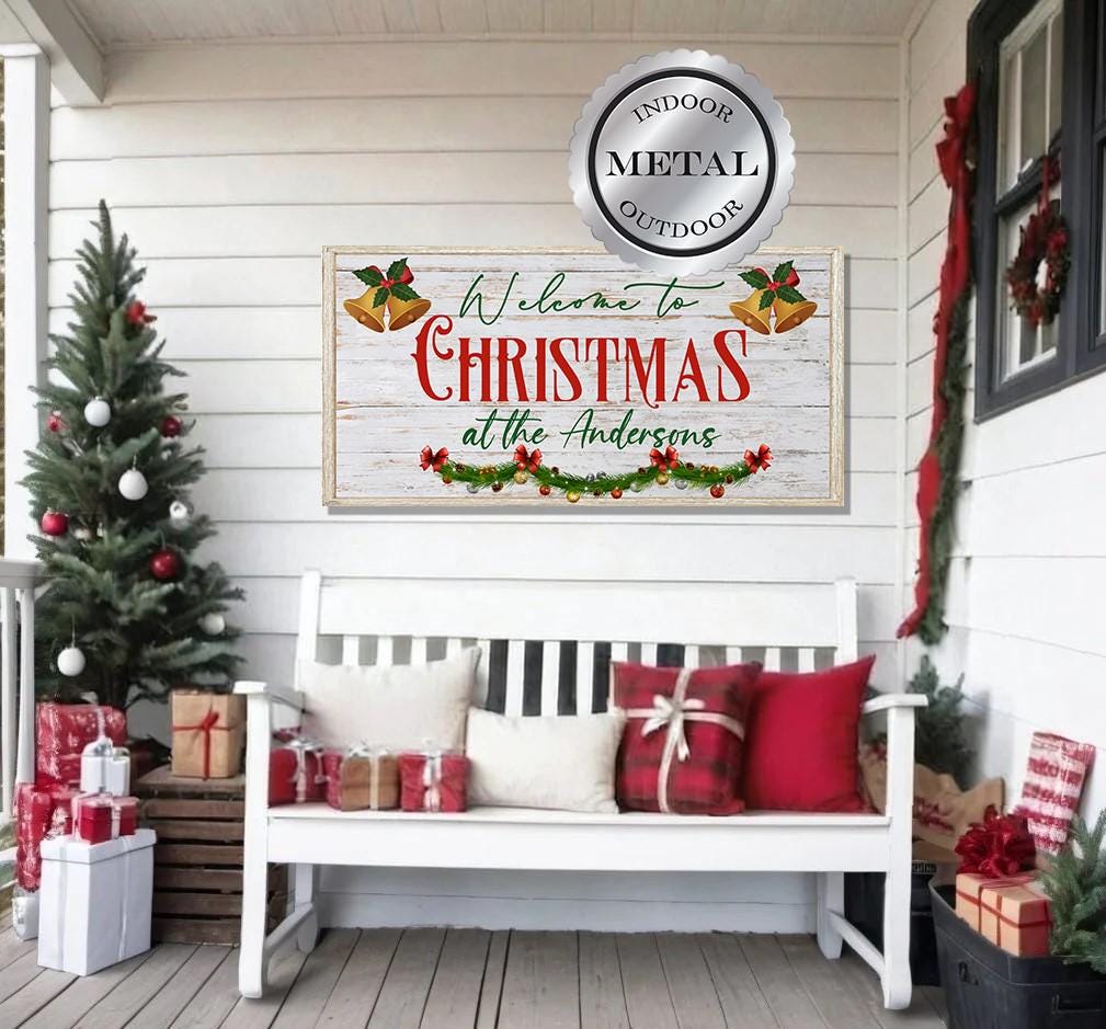 Custom Christmas Garland and Jingle Bells Metal Sign, Personalized ...