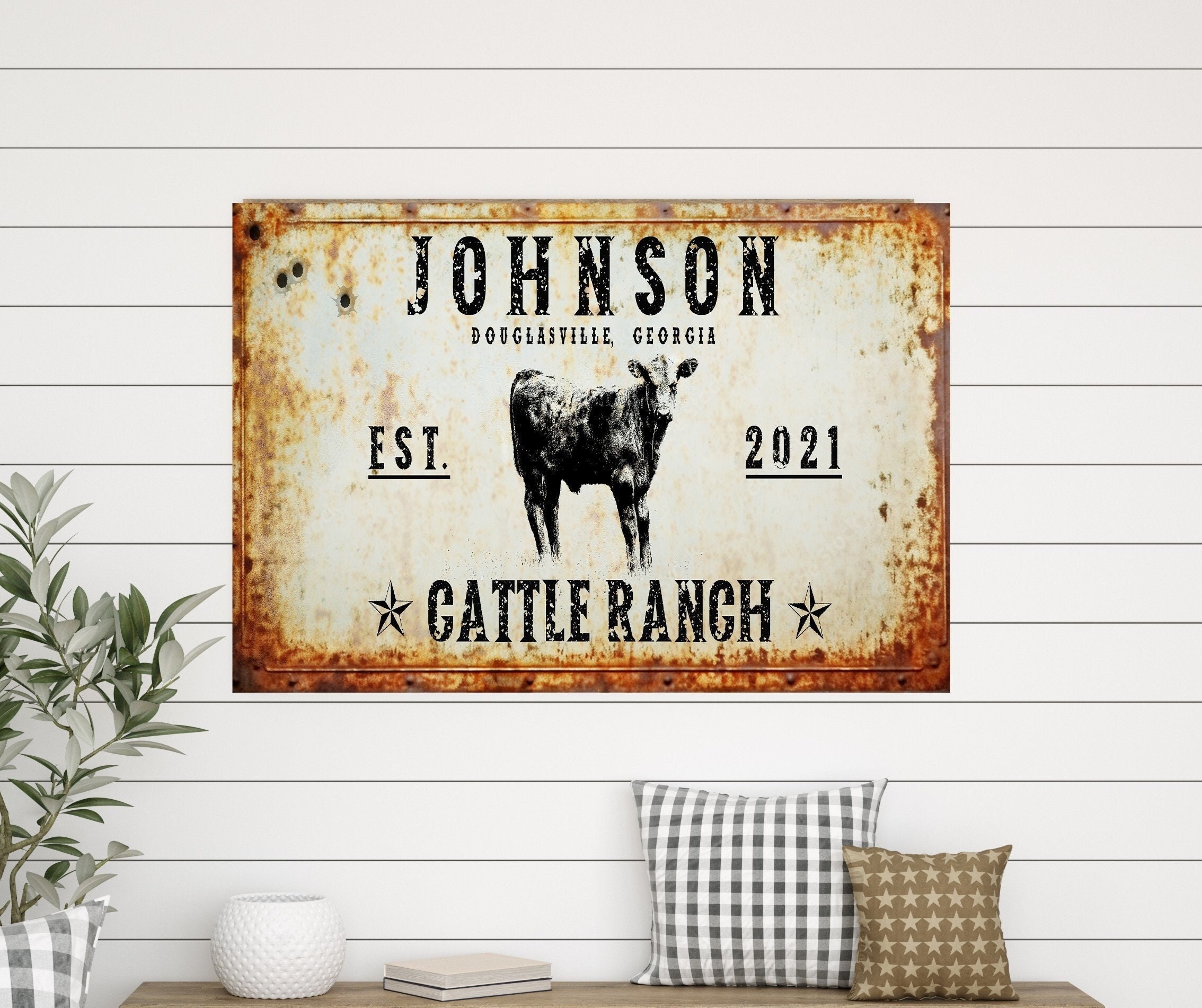Rustic Cattle Ranch Sign, Personalized Ranch Wall Art Decor Canvas ...