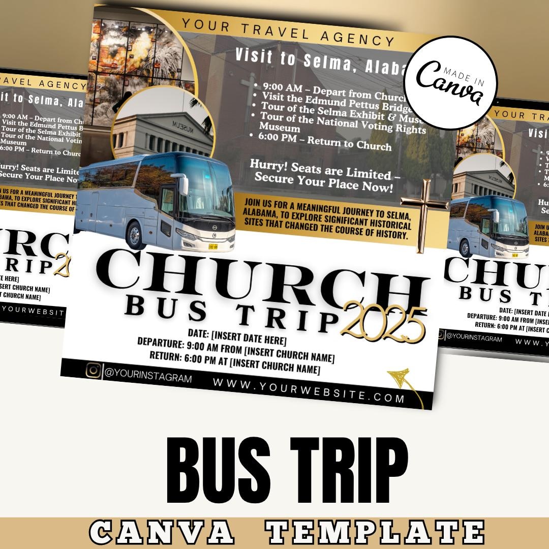 Church Bus Trip Flyer Template - Editable Itinerary Design for Group ...