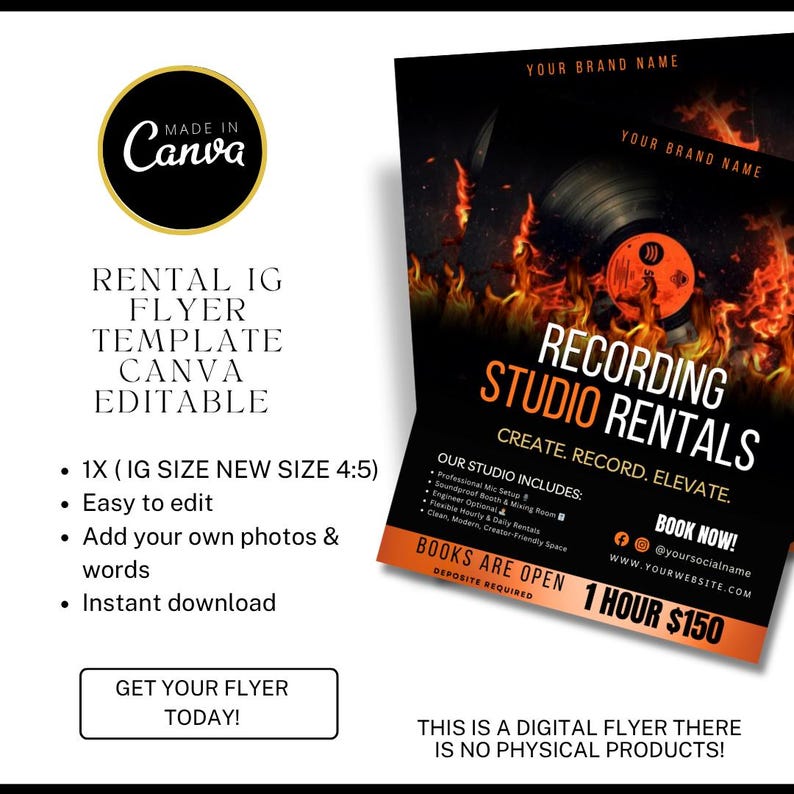 Animated Recording Studio Rental Flyer Template | 4:5 Editable Canva IG ...