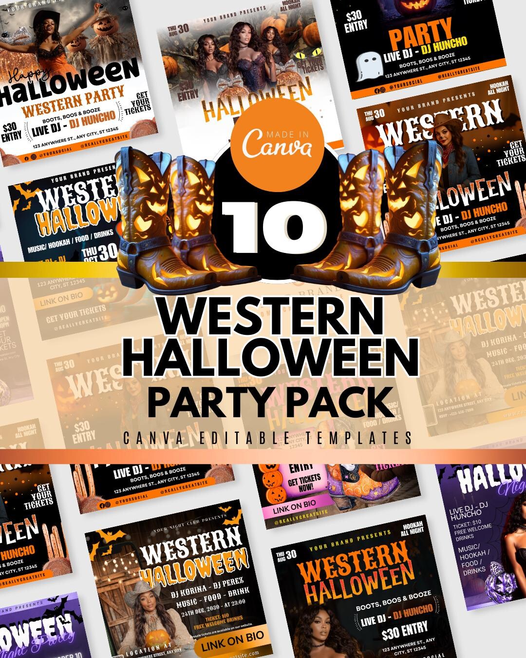 Halloween Western Flyer Bundle | 10 Editable Canva Party Templates ...