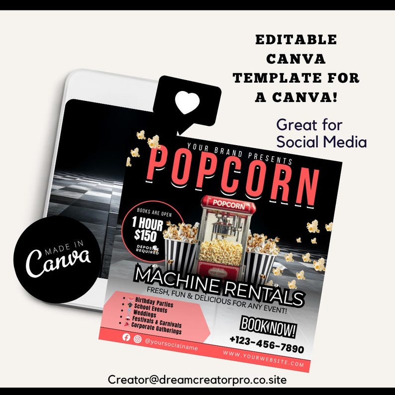 Popcorn Machine Animated Rental Flyer Template | Canva Editable IG Post ...