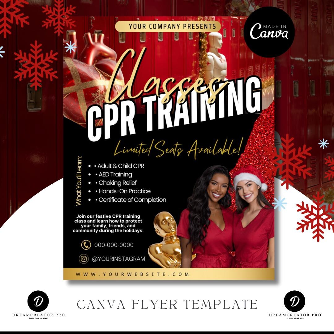 Christmas CPR Flyer | Holiday CPR Training Canva Templates | Red & Gold ...