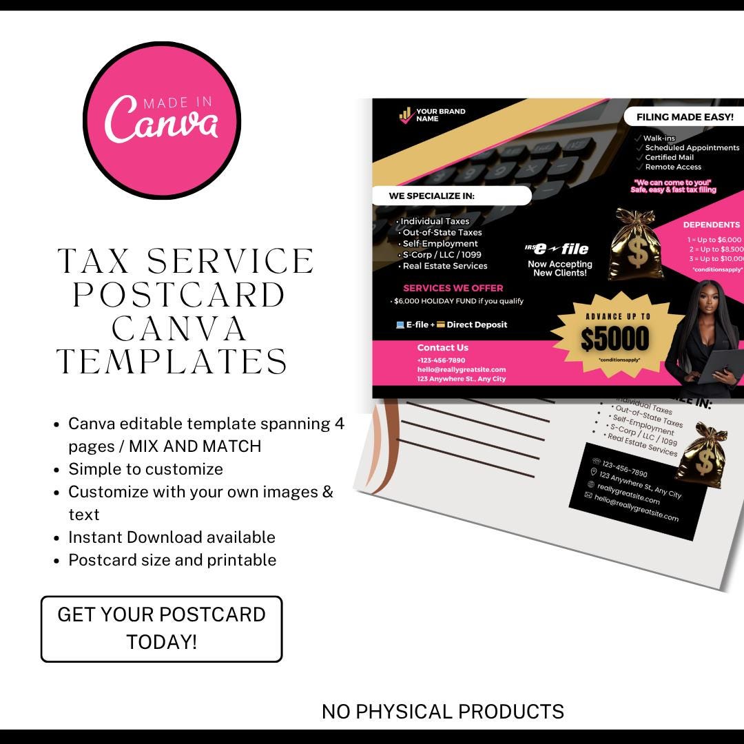 Tax Service Postcard Template - Editable Canva Design - Printable ...