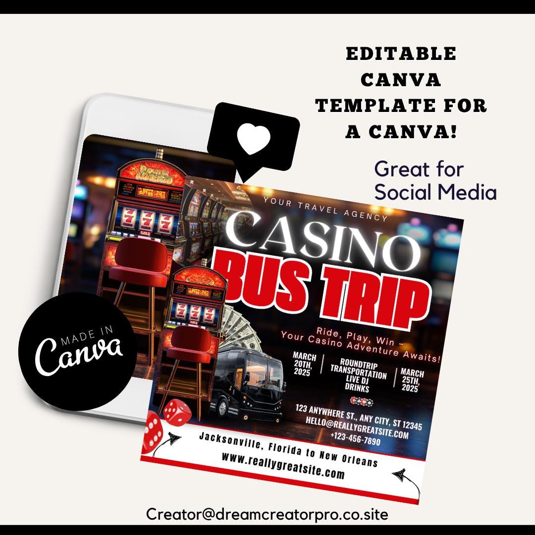 Casino Bus Trip Flyer Template | Bus Tour Flyer Design Editable Canva ...