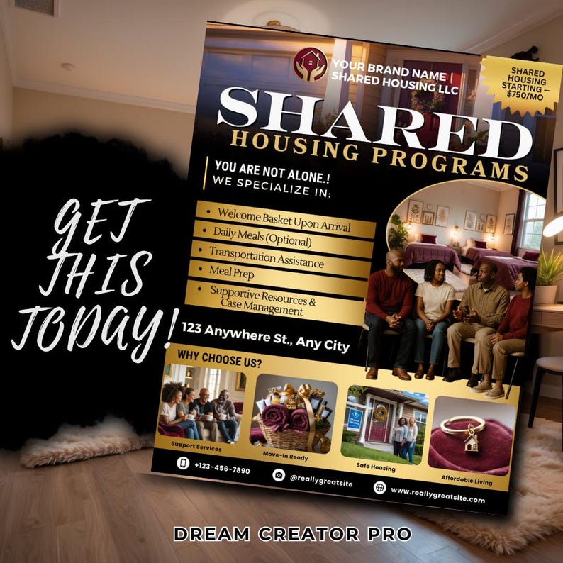 Shared Housing Flyer Template | Affordable Living Canva Flyer ...