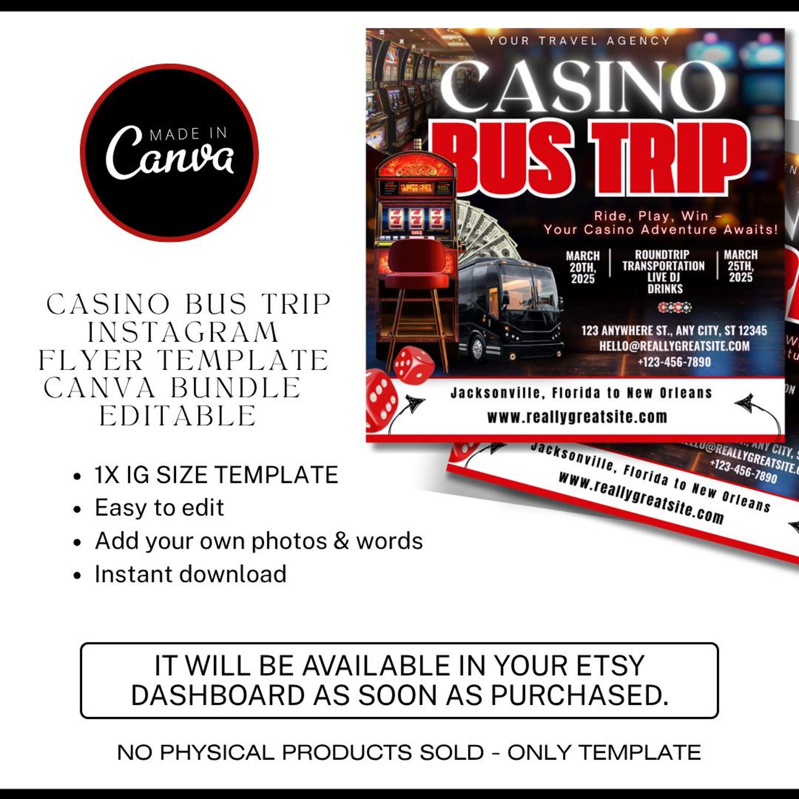 Casino Bus Trip Flyer Template | Bus Tour Flyer Design Editable Canva ...