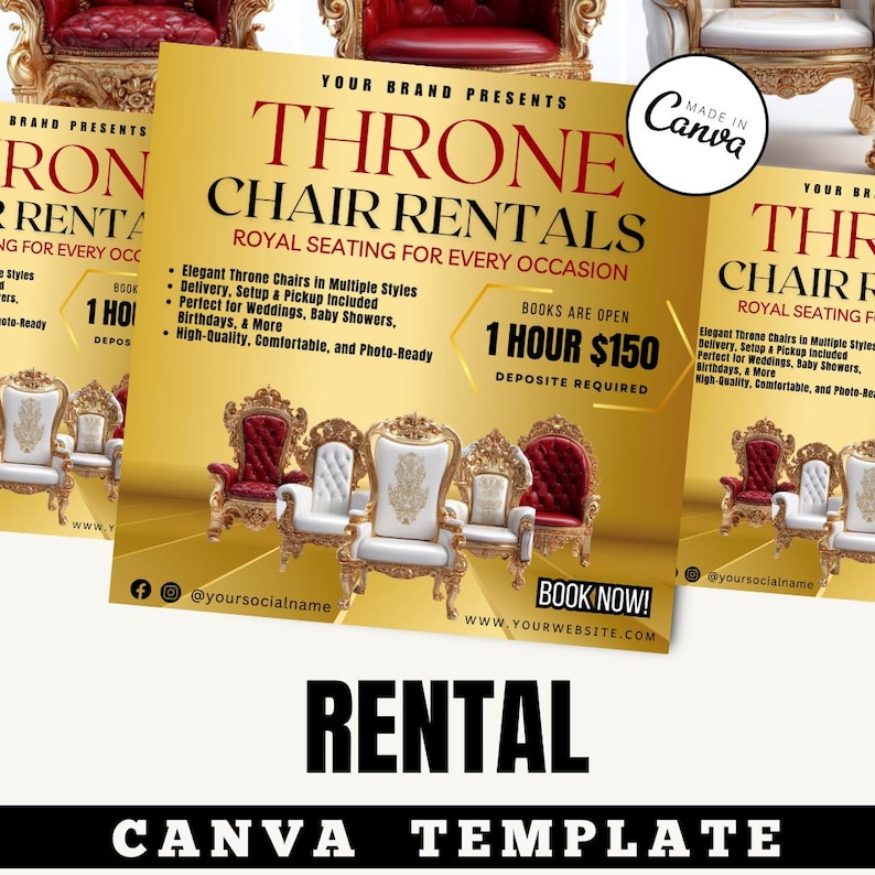 Throne Chair Rental Flyer Template | Canva Editable Party Flyer ...