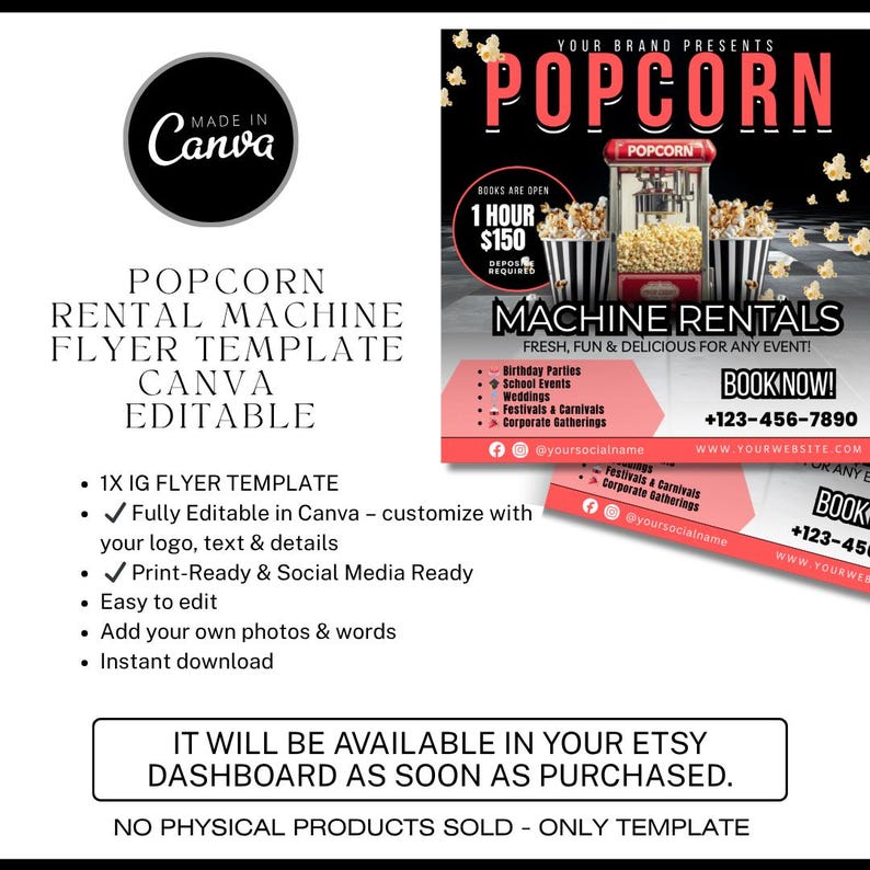 Popcorn Machine Animated Rental Flyer Template | Canva Editable IG Post ...