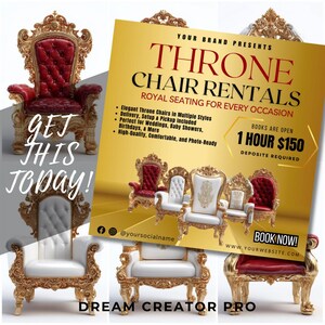 Throne Chair Rental Flyer Template | Canva Editable Party Flyer ...