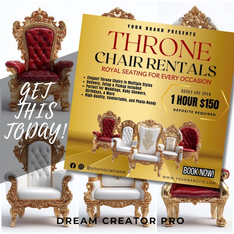 Throne Chair Rental Flyer Template | Canva Editable Party Flyer ...
