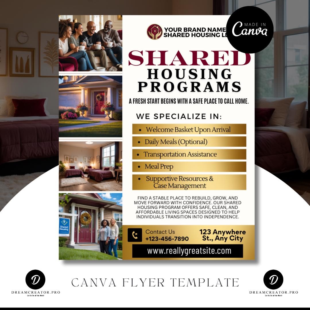 Shared Housing Flyer Template | Affordable Living Canva Flyer ...