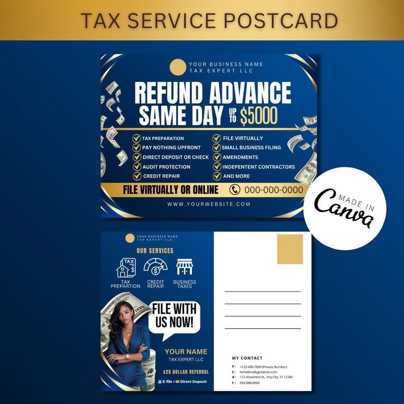 Tax Service Postcard Template - Editable Canva Design - Printable ...