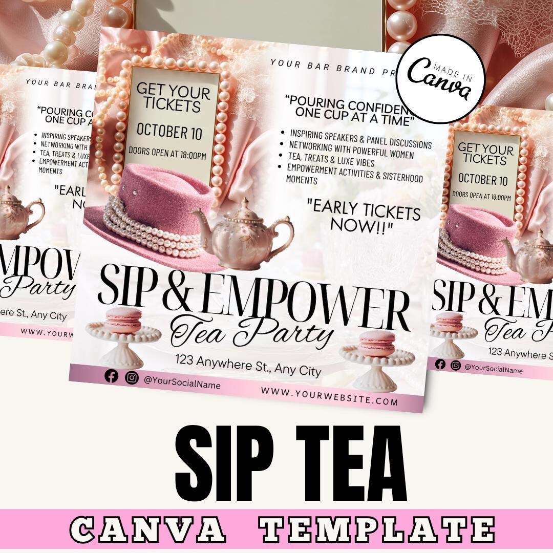Sip & Empower Tea Party Flyer Template | Editable Canva Women’s Event ...