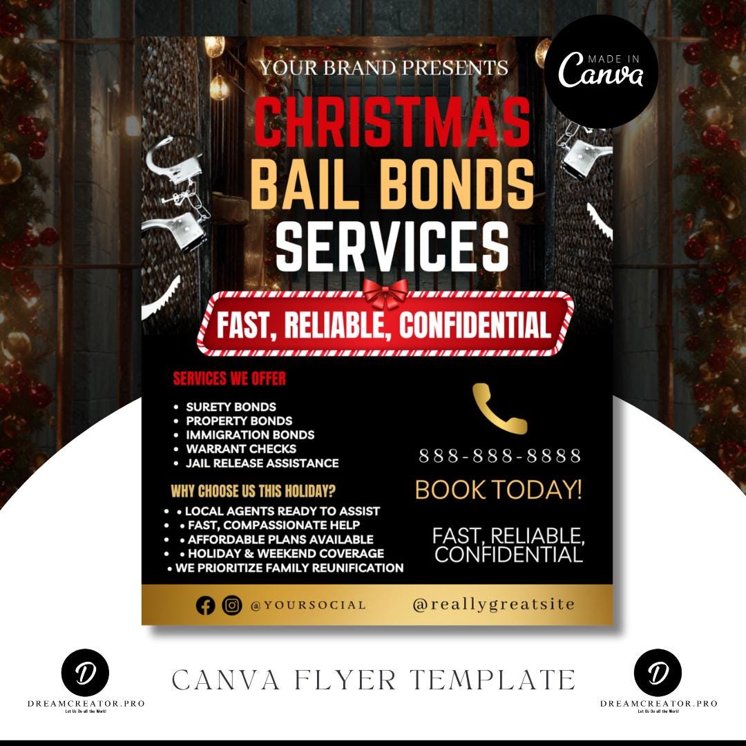 Christmas Bail Bonds Flyer Template | Holiday Bail Assistance Canva ...