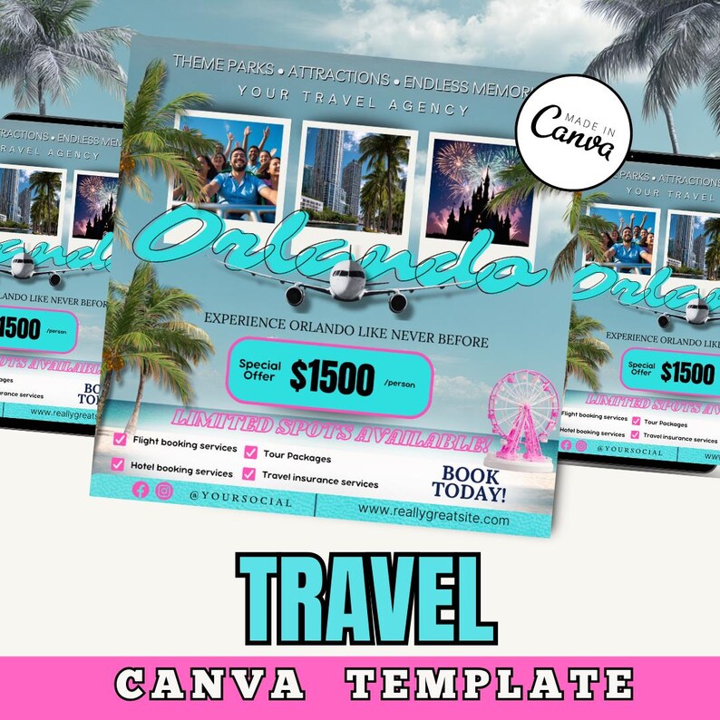Orlando Travel Flyer Canva Template | Family Vacation N Theme Park ...