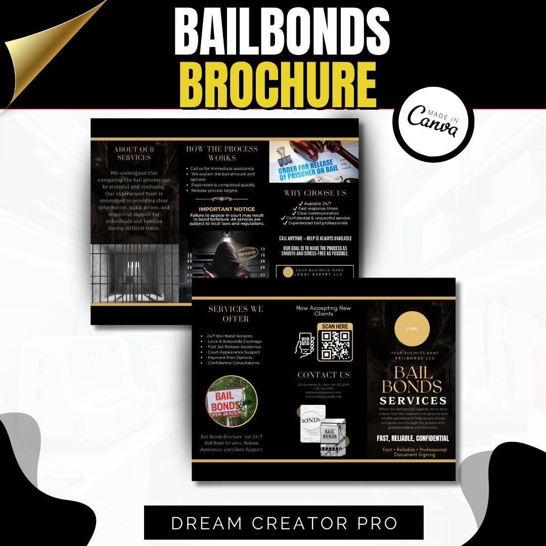Bail Bonds Brochure Template | Editable Canva Design for 24/7 Bail Bond ...