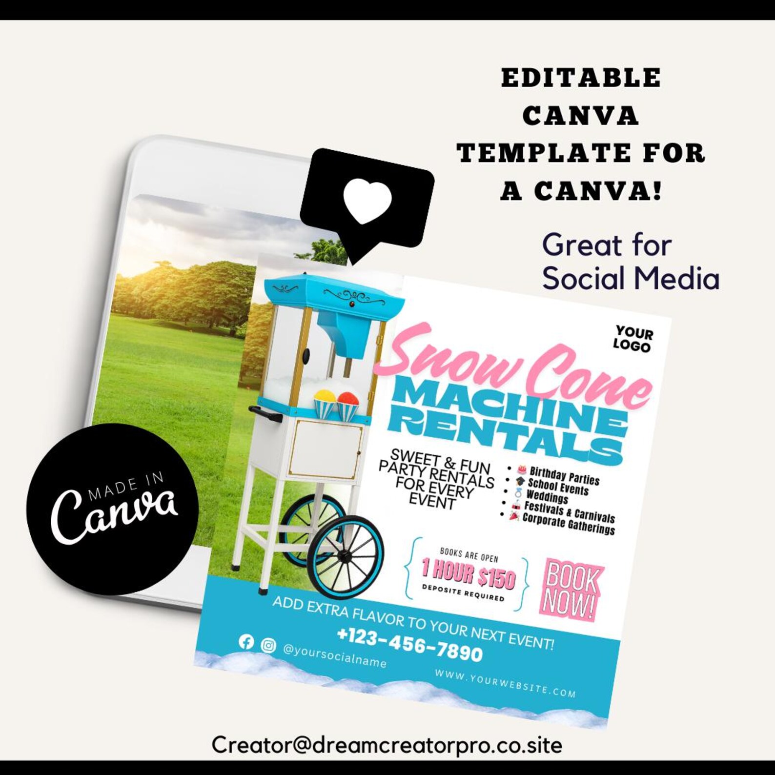 Snow Cone Machine Rental Flyer Template | Canva Editable IG Post ...