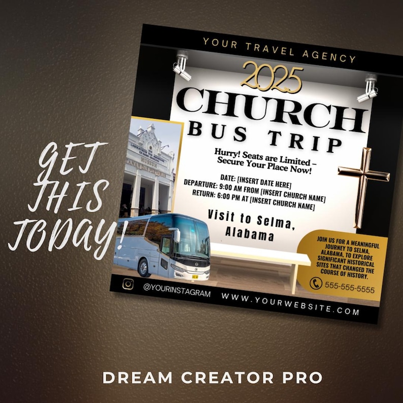 Church Bus Trip Flyer Template - Editable Itinerary Design for Group Travel, Tours, Historical ...