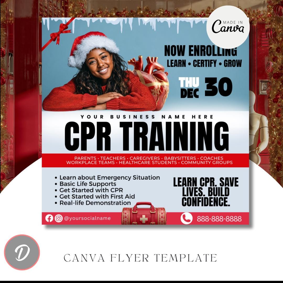 Christmas CPR Flyer | Holiday CPR Training Canva Templates | Red & Gold ...