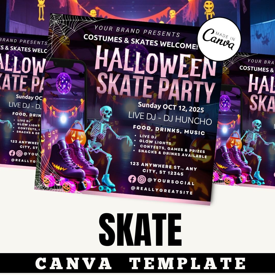 Halloween Roller Skate Party Flyer Canva Template | Editable Skating ...
