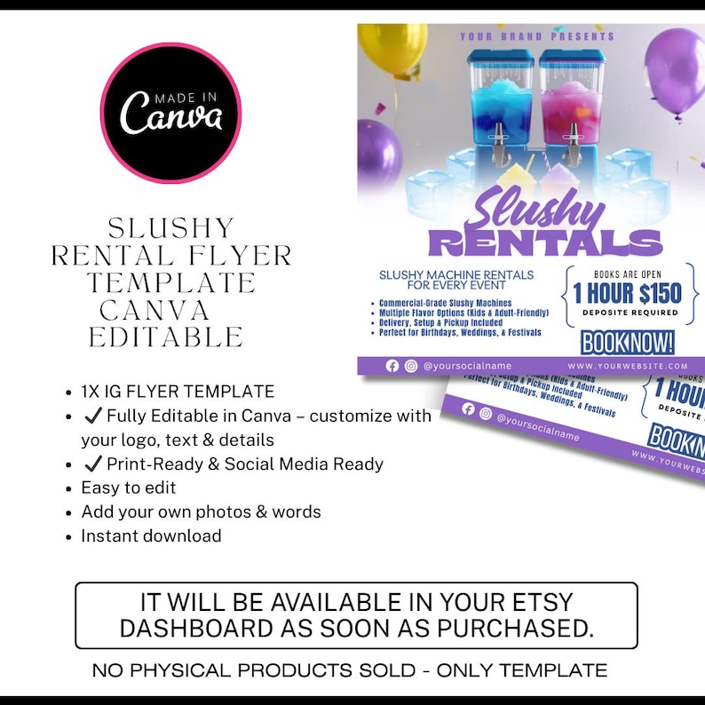 Slushy Machine Rental Flyer Template | Canva Editable Party Flyer ...