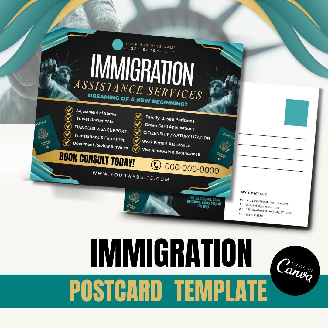 Immigration Postcard Flyer Template | Teal & Black Canva Document Prep ...