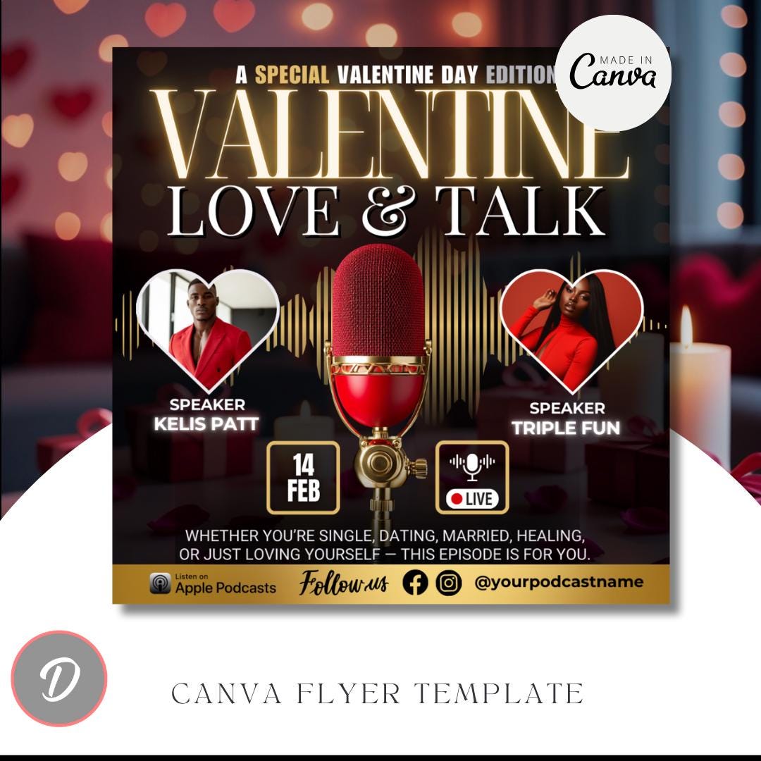 Valentine’s Day Podcast Flyer Template | Editable Canva Podcast Promo ...